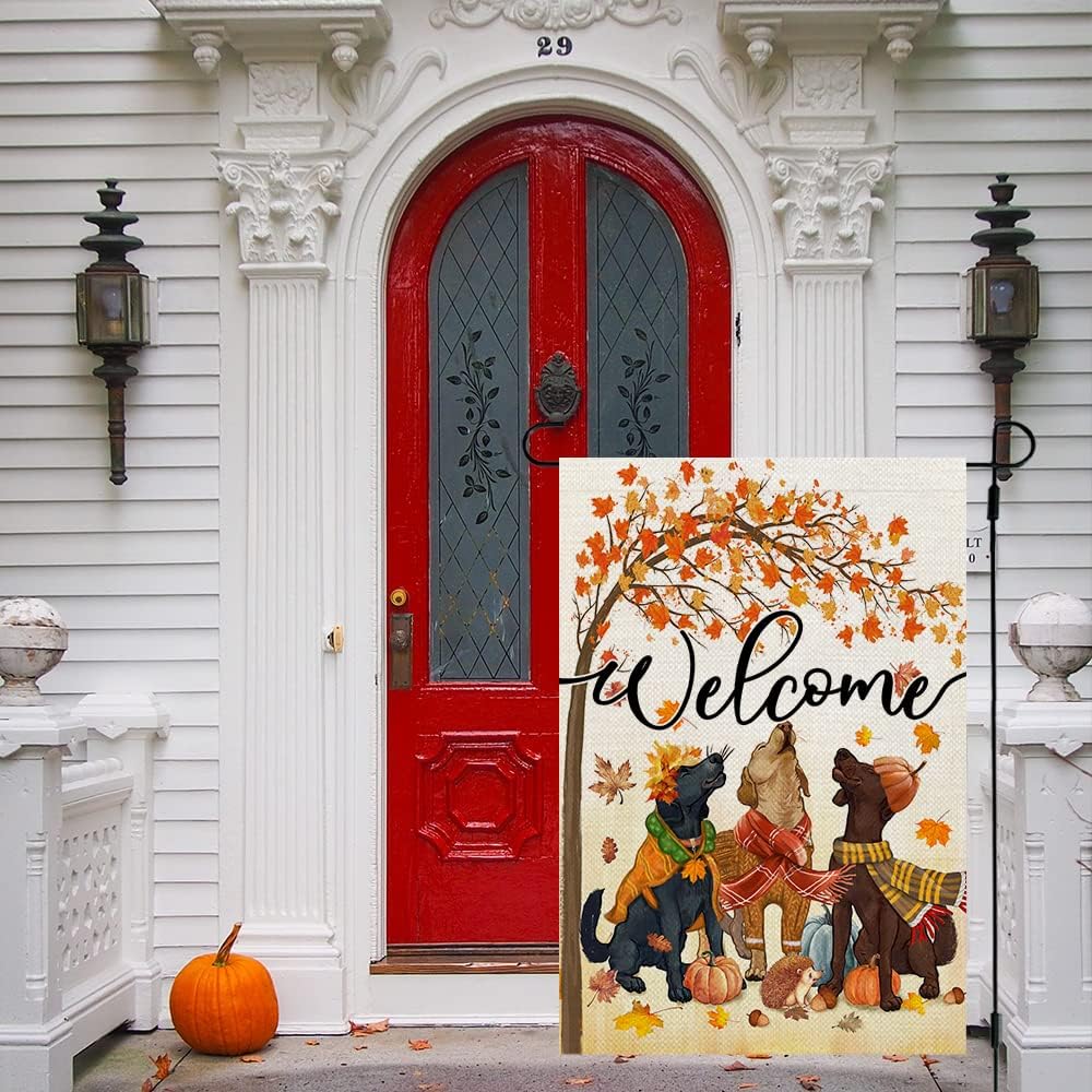 CROWNED BEAUTY Fall Dogs Garden Flag 12x18 Inch Double Sided for Outside Welcome Maple Leaves Small Burlap Seasonal Autumn Yard Decoration