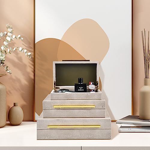 PETIARKIT Set of 3 Faux Leather Decorative Storage Boxes with Lids - Jewelry and Accessory Organizer for Women and Men, Countertop Home Decor (Beige)