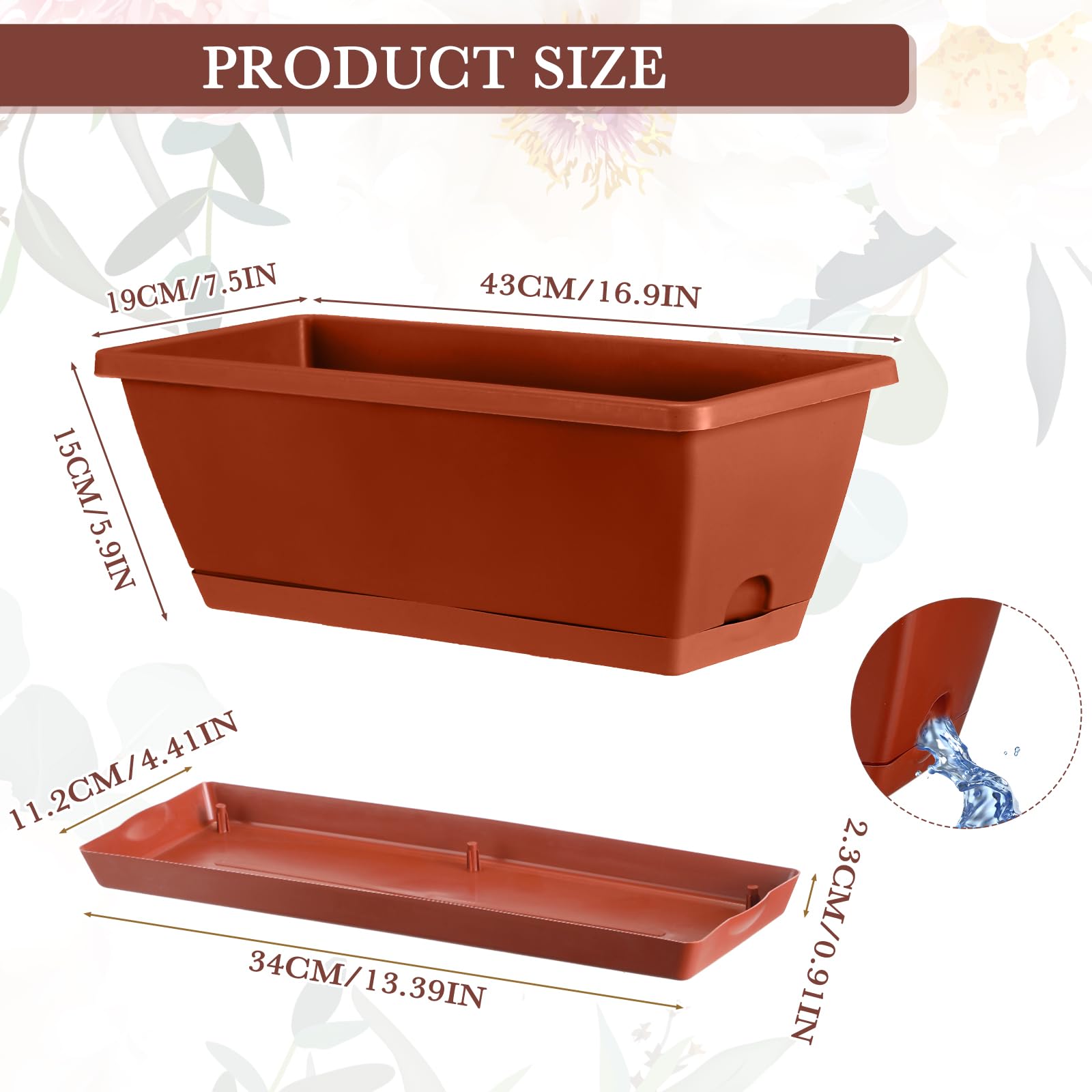 Dandat 24 Pack Window Box Planter Plastic Planter Boxes 17 Inches Vegetable Planters Rectangle Flower Pots with Drainage Holes and Trays for Indoor Outdoor Garden Patio Home Decor (Red)