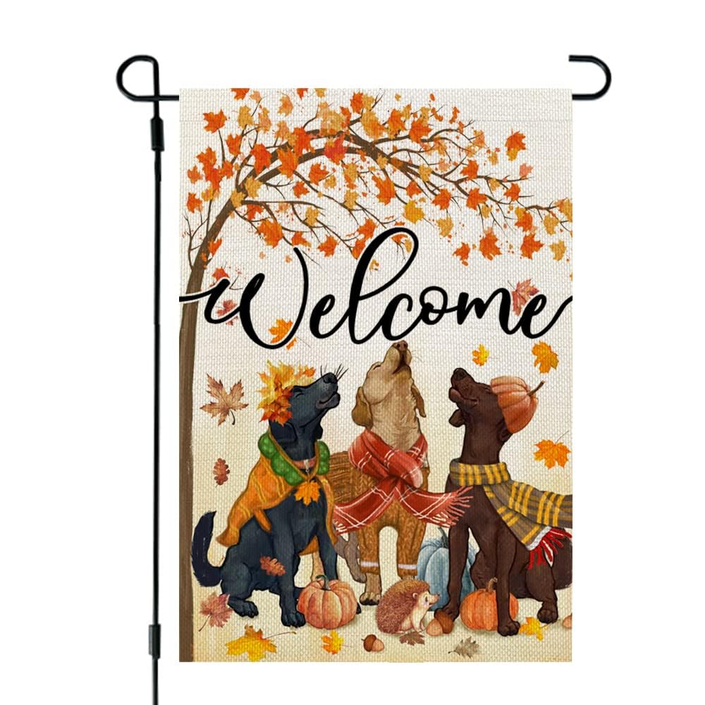 CROWNED BEAUTY Fall Dogs Garden Flag 12x18 Inch Double Sided for Outside Welcome Maple Leaves Small Burlap Seasonal Autumn Yard Decoration