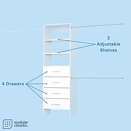 MC Modular Closets Closet Shelves Tower With Hanging Kit - Built In Organizer System Corner Organizers And Storage Shelves Shelving Expands From 52'' 120'' (EXTW-AS-25.5) (Shelves and Drawers), White