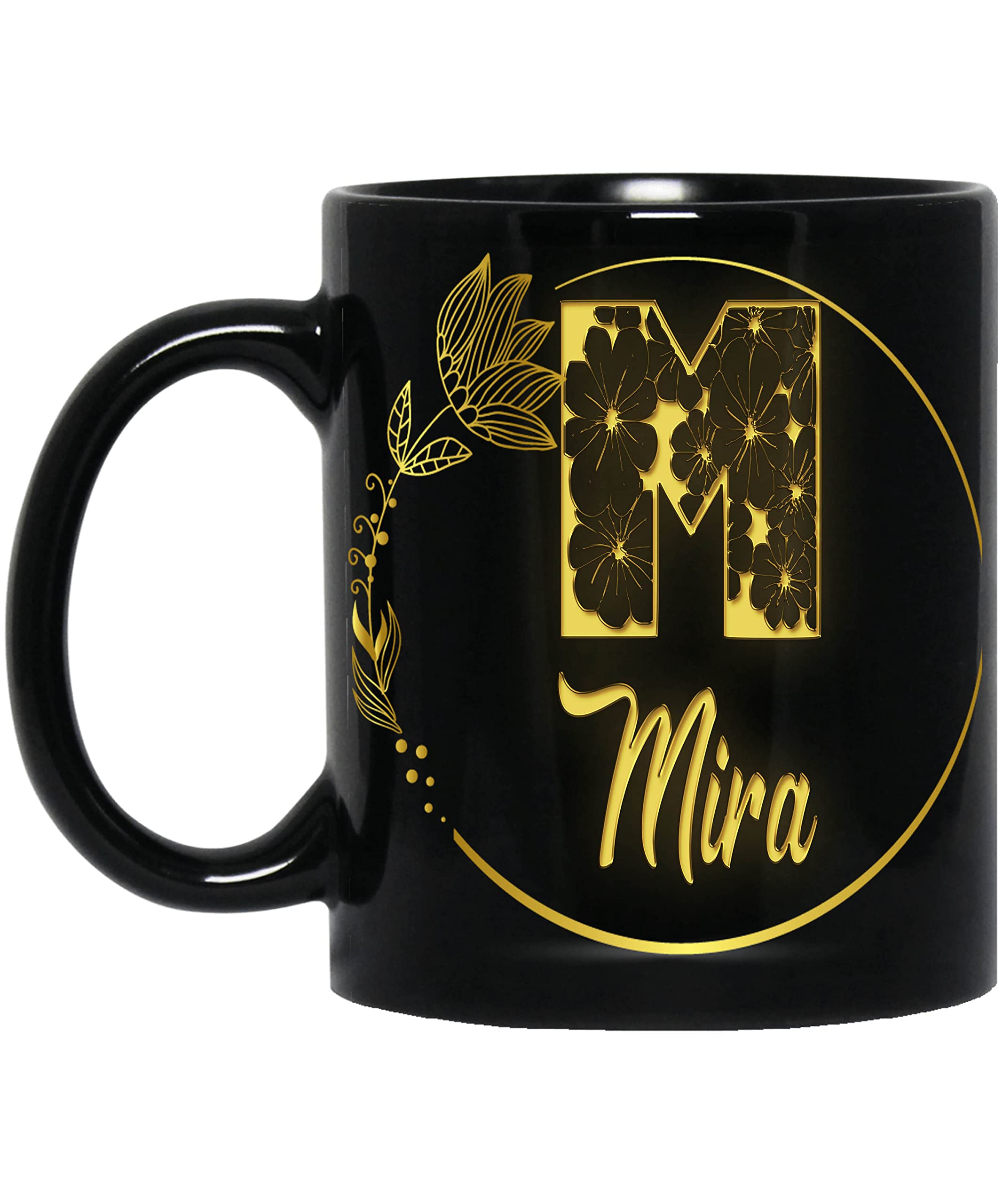 Coffee Mug Personalized Mira Name & Initial Letter Monogram Floral Alphabet Mug Golden Flowers Custom Black Coffee Cup, Gift for Her Mom Coworker Sister, Wife, Girl 11oz Black Mug 067808