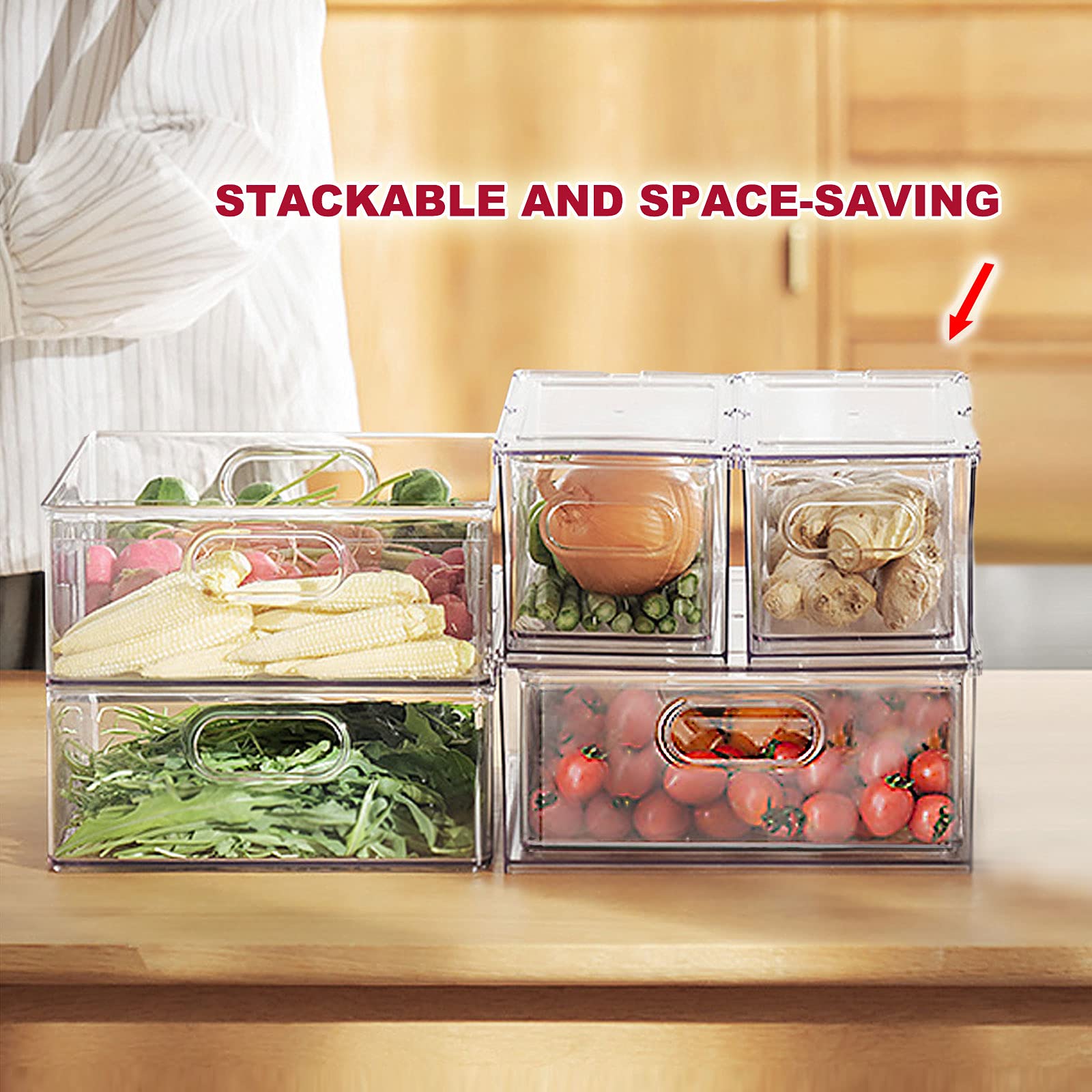 Shopwithgreen Refrigerator Organizer Bins with Pull-out Drawer, Drawable Clear Fridge Drawer Organizer with Handle, Plastic Kitchen Pantry Storage Containers
