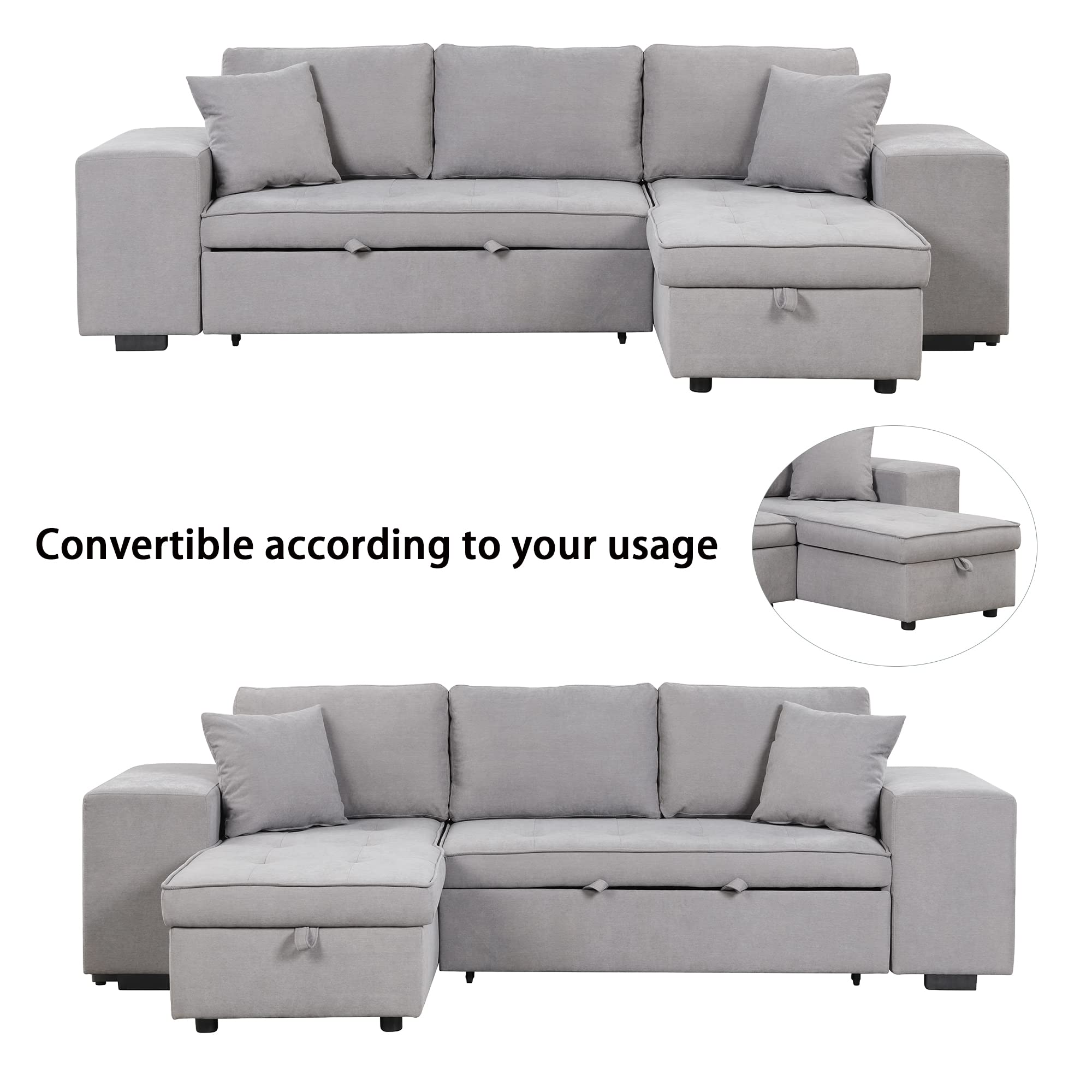 FANYE 2024 Linen Upholstery Pull Out Sleeper Sectional Sofa & Couch W/Stools and Shelves, L-Shaped Corner Upholstered Sofa Couch with 2 Pillows and Reversible Storage Chaise for Living Room