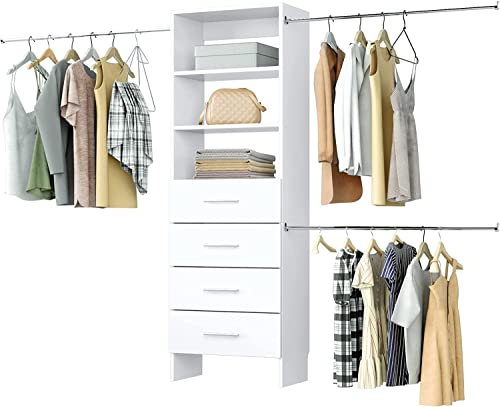 MC Modular Closets Closet Shelves Tower With Hanging Kit - Built In Organizer System Corner Organizers And Storage Shelves Shelving Expands From 52'' 120'' (EXTW-AS-25.5) (Shelves and Drawers), White