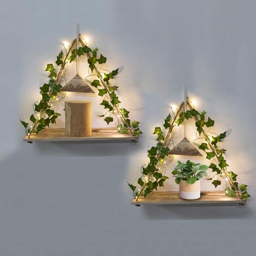 wekneve Artificial Ivy LED-Strip Wall Hanging Shelves - Set of 2 Floating Shelves for Bedroom, Living Room, Kitchen - Wood Wall Decor with Hanging Plant Design - Room Decor with Ambient Lighting