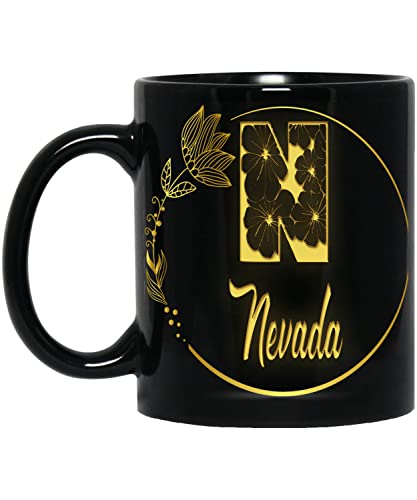 Coffee Mug Personalized Nevada Name & Initial Letter Monogram Floral Alphabet Mug Golden Flowers Custom Black Coffee Cup, Gift for Her Mom Coworker Sister, Wife, Girl 11oz Black Mug 896994