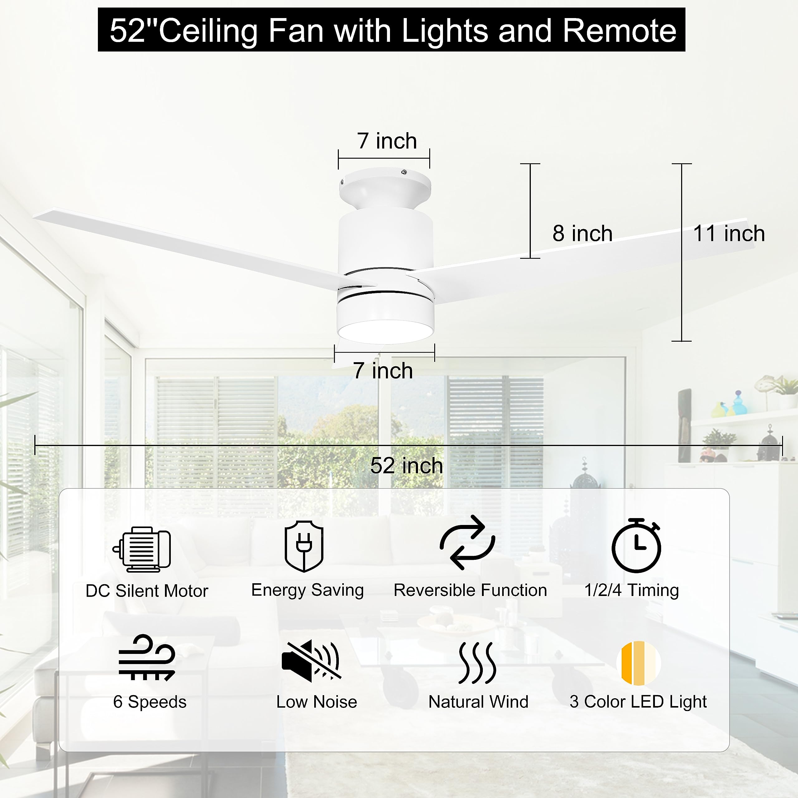 Flybull 52'' Ceiling Fans with Lights Flush Mount, Low Profile Ceiling Fans with Lights and Remote - 3 Blades, 6 Speed, Quiet DC Motor, Modern Ceiling Fan for Bedroom Porch
