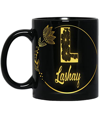 Coffee Mug Personalized Lashay Name & Initial Letter Monogram Floral Alphabet Mug Golden Flowers Custom Black Coffee Cup, Gift for Her Mom Coworker Sister, Wife, Girl 11oz Black Mug 810385