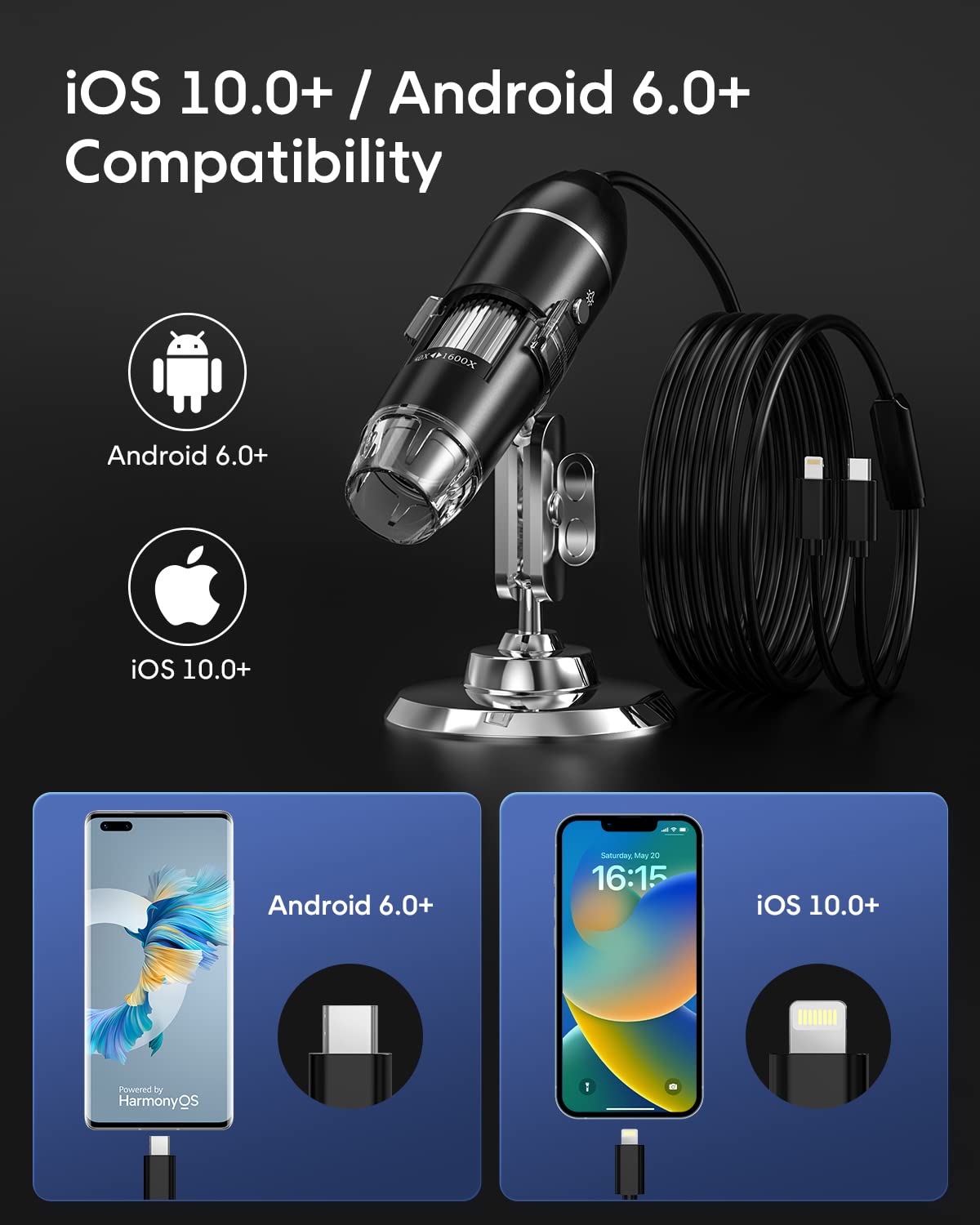 USB Digital Microscope, SKYEAR 50X-1600X Magnification Handheld Digital Microscope Compatible with iOS & Android Devices, Adjustable Stand, 8 LED Lights, Portable Microscope Camera for Adults, Kids
