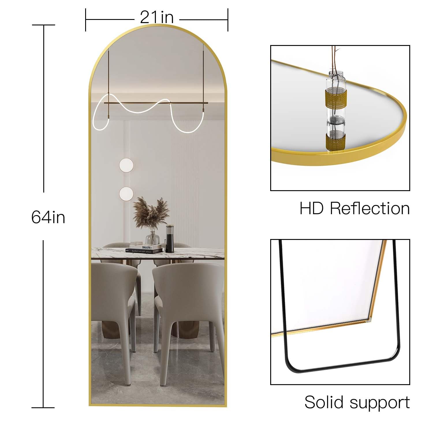 CONGUILIAO 64"x21" Full Length Mirror, Arched Floor Mirror, Full Body Mirror, Aluminum Frame Wall Mounted Mirror Dressing Mirror for Bedroom, Gold
