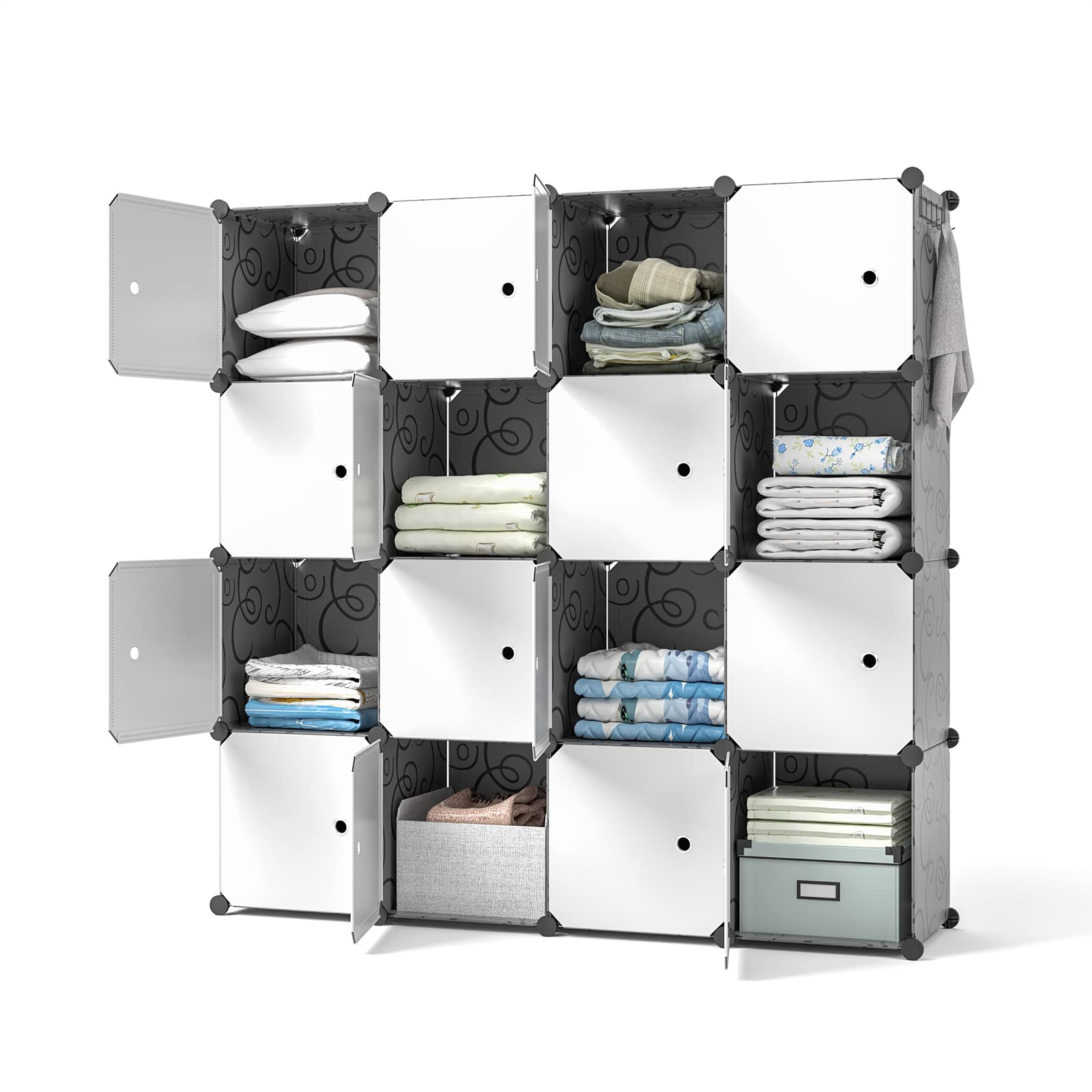 GIMTRR Closet Organizer, 16-Cube Storage with Doors, Closet Organizers and Storage, Portable Closet Storage System, Clothes Organizer Storage Shelf for Bedroom, Wardrobe, Black, White