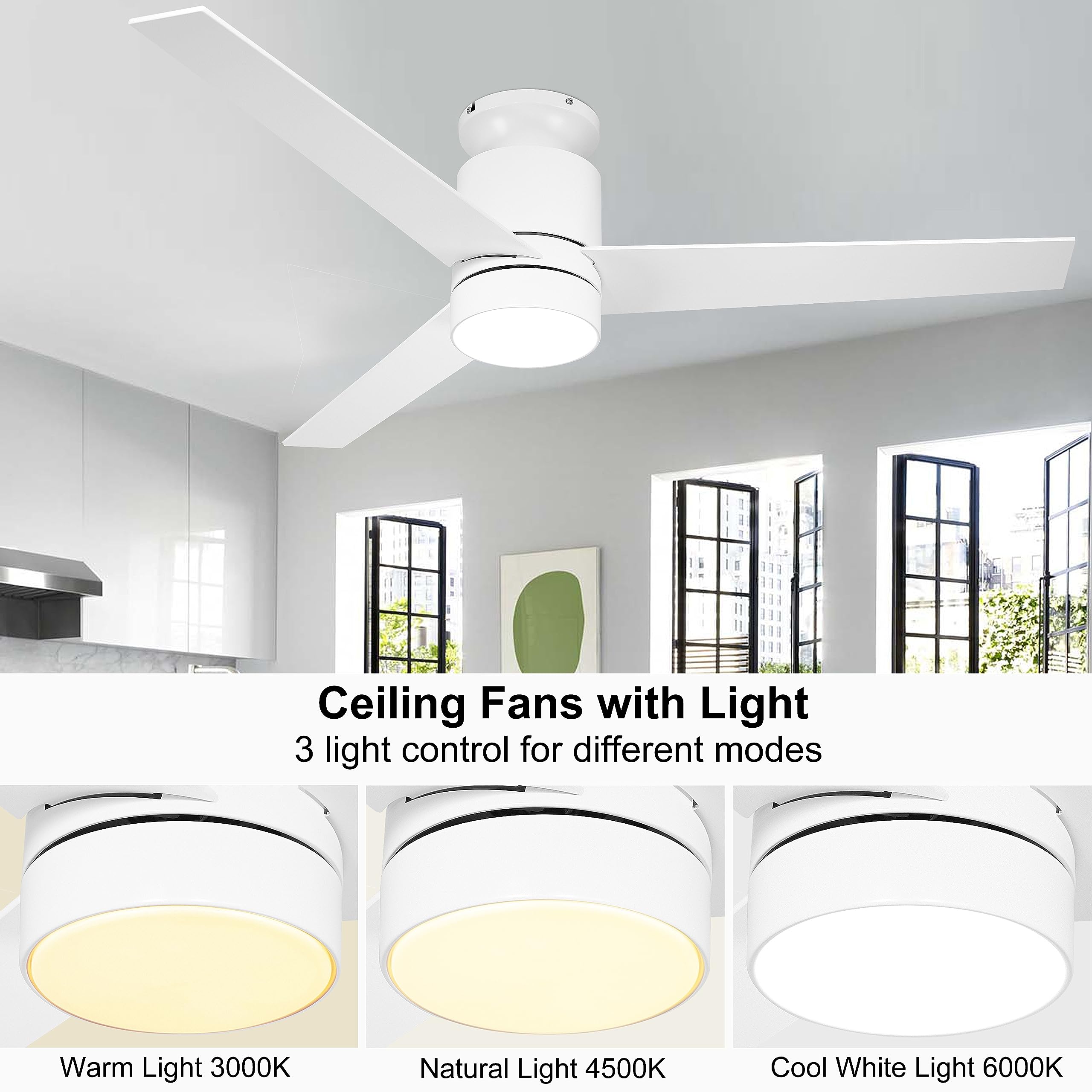 Flybull 52'' Ceiling Fans with Lights Flush Mount, Low Profile Ceiling Fans with Lights and Remote - 3 Blades, 6 Speed, Quiet DC Motor, Modern Ceiling Fan for Bedroom Porch