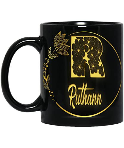 Coffee Mug Personalized Ruthann Name & Initial Letter Monogram Floral Alphabet Mug Golden Flowers Custom Black Coffee Cup, Gift for Her Mom Coworker Sister, Wife, Girl 11oz Black Mug 486160