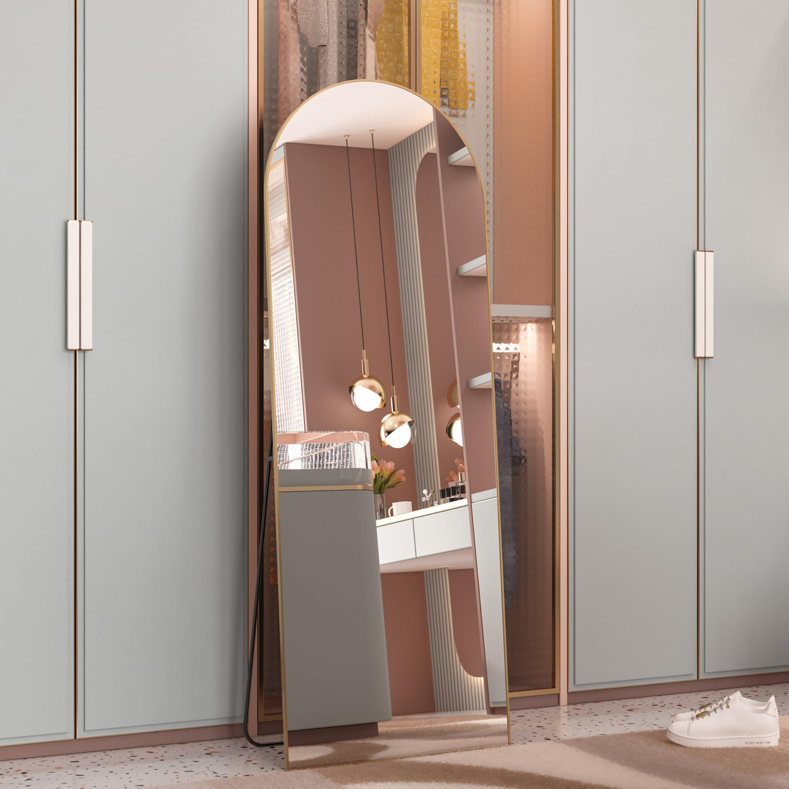 CONGUILIAO 64"x21" Full Length Mirror, Arched Floor Mirror, Full Body Mirror, Aluminum Frame Wall Mounted Mirror Dressing Mirror for Bedroom, Gold