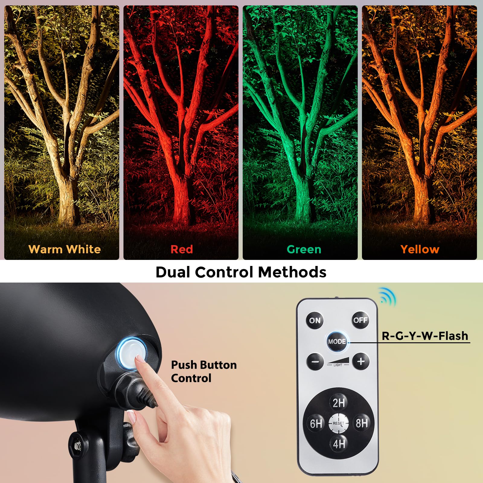 SURAIELEC LED Spotlight, Remote Control Spot Lights Outdoor, Indoor Plant Uplighting with Base, Landscape Light for Yard, Trees Holiday Decor, Red Green Yellow Warm Glow, Waterproof, 10FT Cord