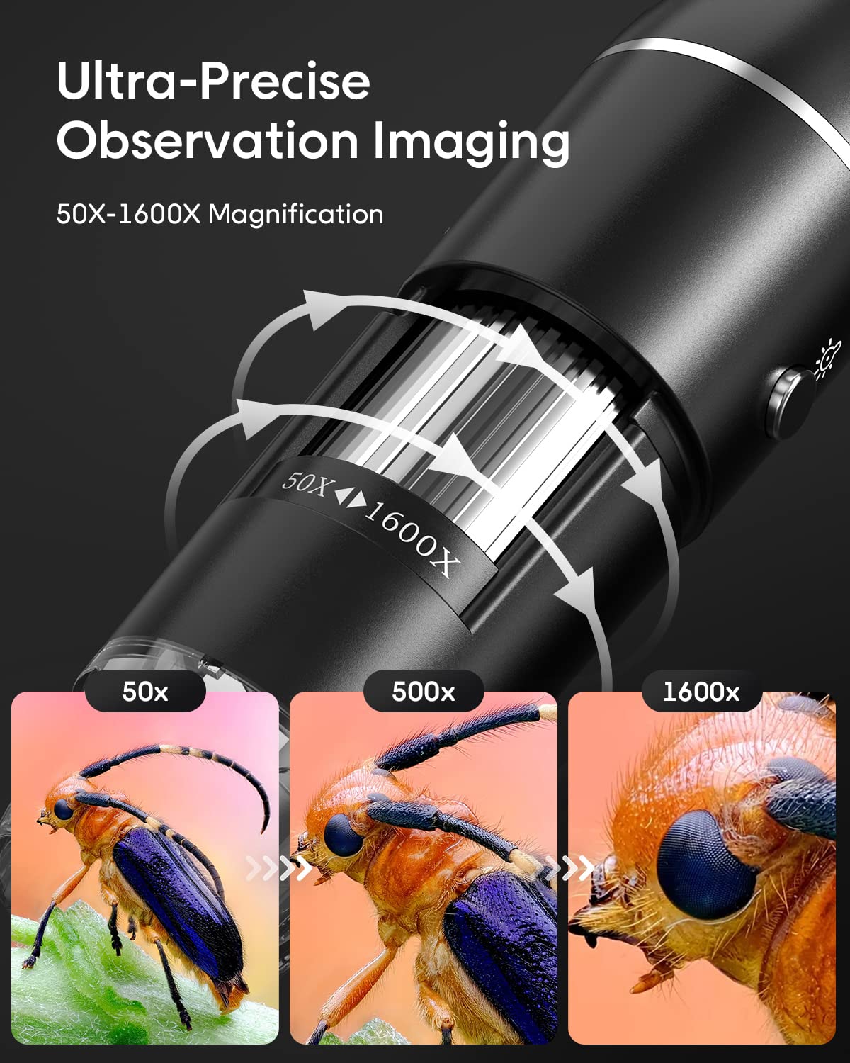 USB Digital Microscope, SKYEAR 50X-1600X Magnification Handheld Digital Microscope Compatible with iOS & Android Devices, Adjustable Stand, 8 LED Lights, Portable Microscope Camera for Adults, Kids