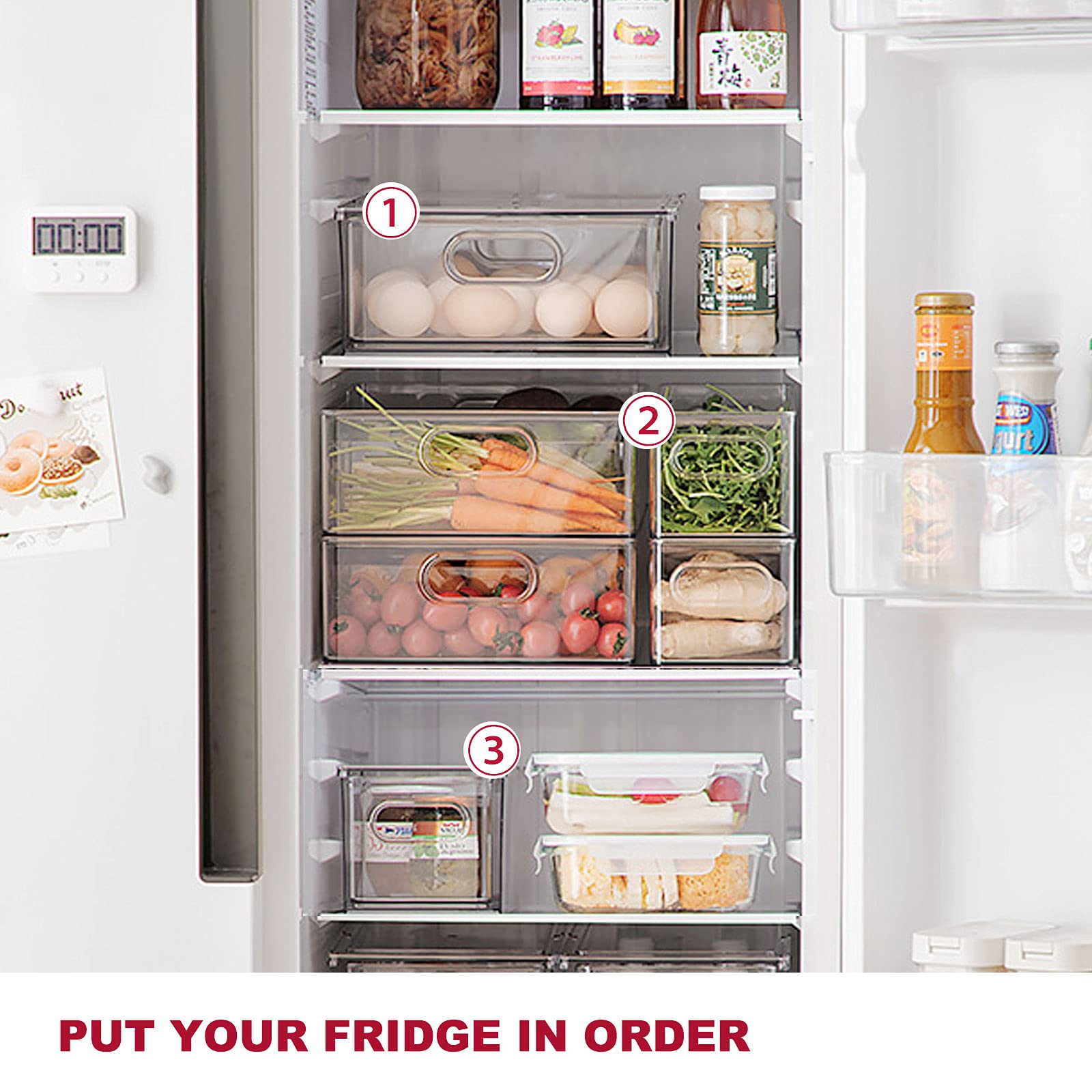 Shopwithgreen Refrigerator Organizer Bins with Pull-out Drawer, Drawable Clear Fridge Drawer Organizer with Handle, Plastic Kitchen Pantry Storage Containers