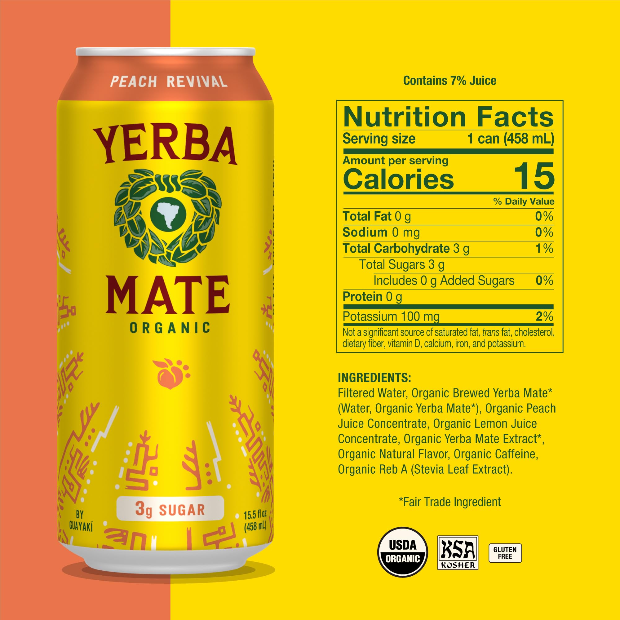 Guayakí Yerba Mate, Organic Energy Drink Alternative, Peach Revival, Low Sugar, 150mg Natural Plant Based Caffeine, Smooth Energy & Focus, No Jitters or Crash, 15.5 Oz (Pack of 12), Packaging May Vary