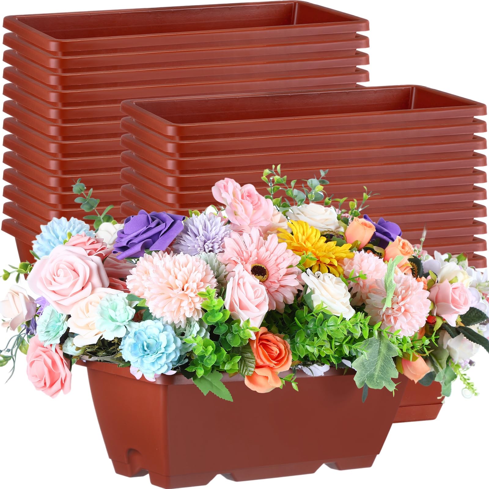 Dandat 24 Pack Window Box Planter Plastic Planter Boxes 17 Inches Vegetable Planters Rectangle Flower Pots with Drainage Holes and Trays for Indoor Outdoor Garden Patio Home Decor (Red)
