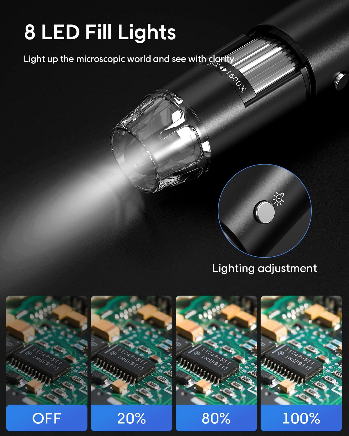 USB Digital Microscope, SKYEAR 50X-1600X Magnification Handheld Digital Microscope Compatible with iOS & Android Devices, Adjustable Stand, 8 LED Lights, Portable Microscope Camera for Adults, Kids