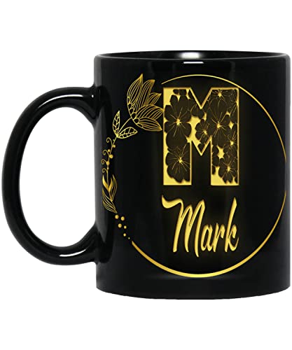 Coffee Mug Personalized Mark Name & Initial Letter Monogram Floral Alphabet Mug Golden Flowers Custom Black Coffee Cup, Gift for Her Mom Coworker Sister, Wife, Girl 11oz Black Mug 979470