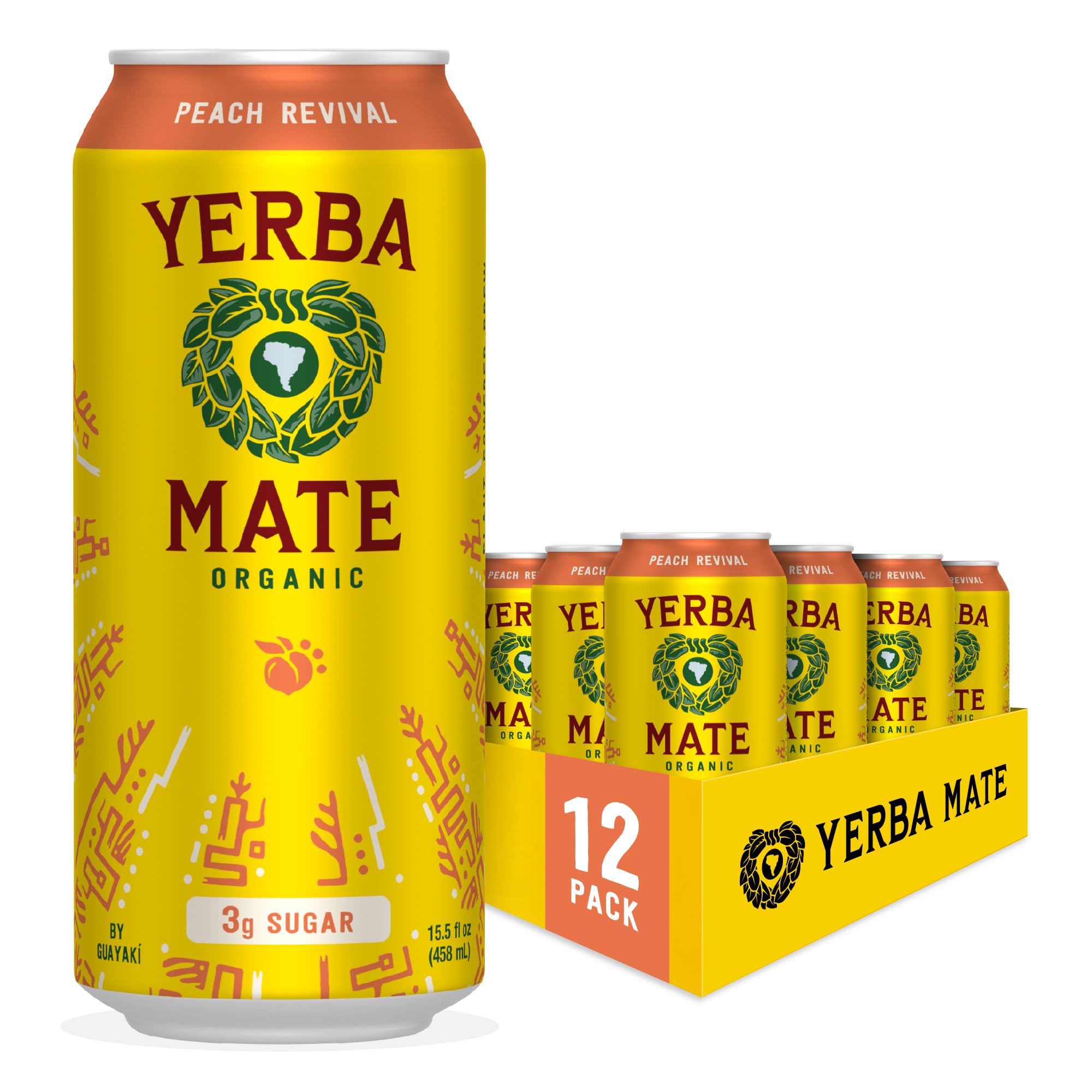 Guayakí Yerba Mate, Organic Energy Drink Alternative, Peach Revival, Low Sugar, 150mg Natural Plant Based Caffeine, Smooth Energy & Focus, No Jitters or Crash, 15.5 Oz (Pack of 12), Packaging May Vary
