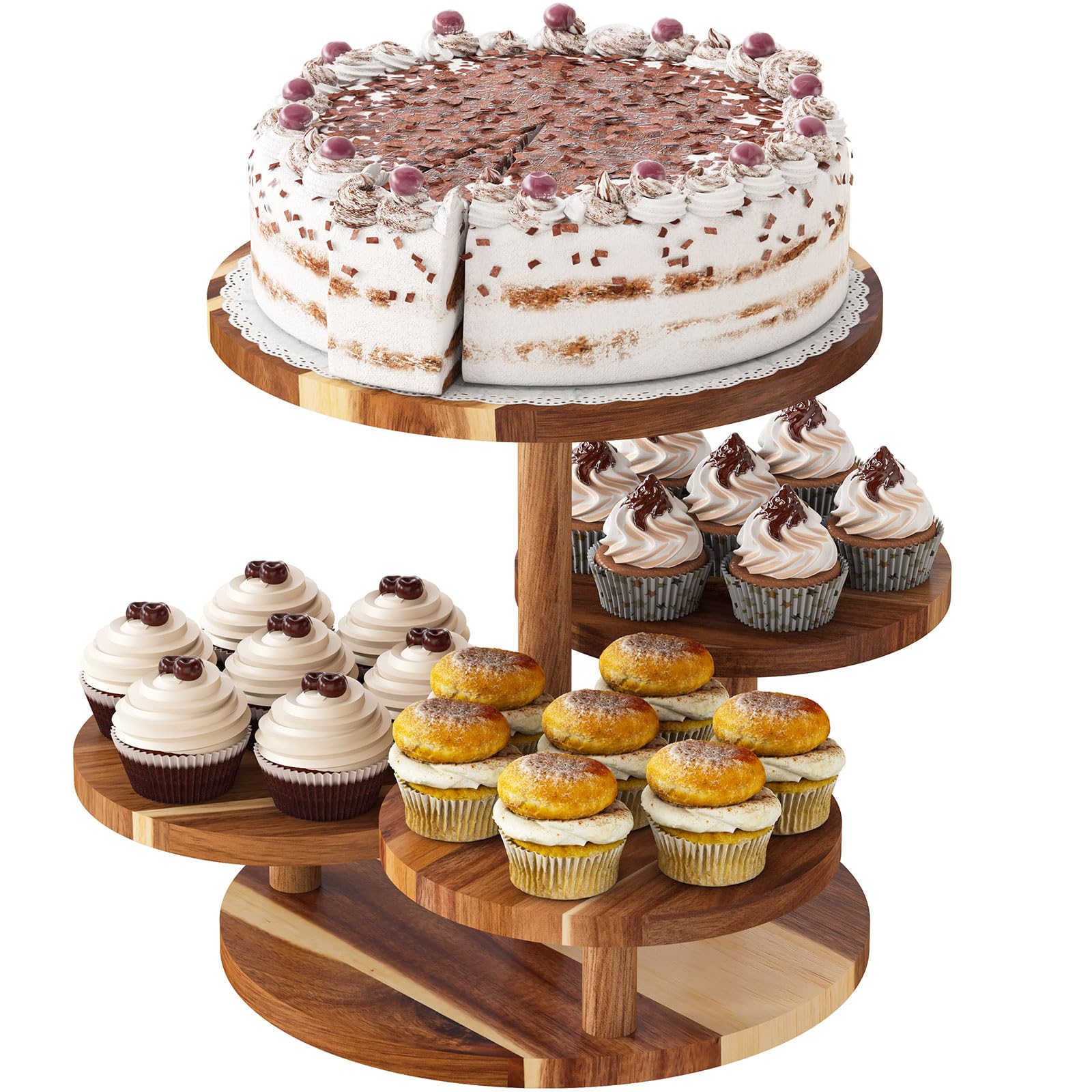 Vriccc Cupcake Stand, 4 Tier Round Cupcake Tower Stand for 50 Cupcakes, Tiered Serving Trays, Wood Cake and Cupcake Stand Combo, Farmhouse Tiered Tray Decor, Cupcake Display for Birthday Party