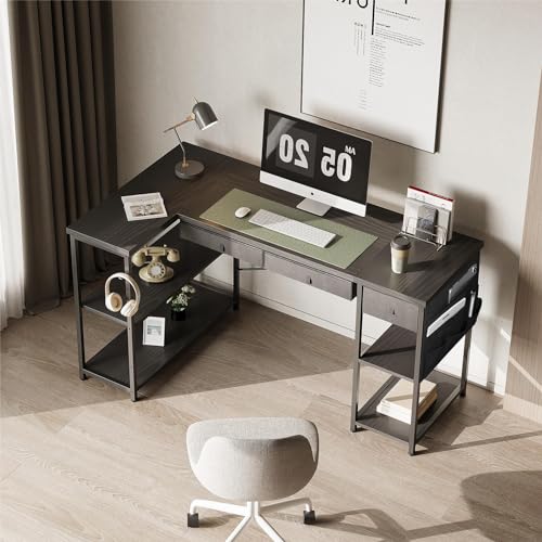 Maihail Maihail Home Office Desk with Drawers and Shelves, 55” Computer Corner Desk for Small Space, Small L Shaped Desk with Side Storage for Bedroom, Black