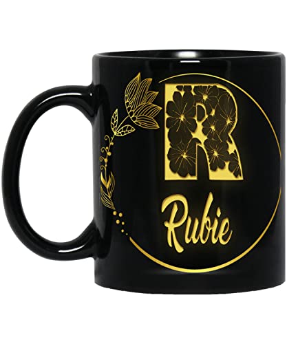 Coffee Mug Personalized Rubie Name & Initial Letter Monogram Floral Alphabet Mug Golden Flowers Custom Black Coffee Cup, Gift for Her Mom Coworker Sister, Wife, Girl 11oz Black Mug 581655