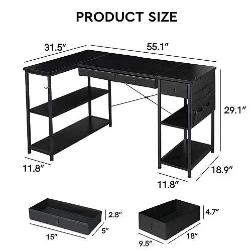 Maihail Maihail Home Office Desk with Drawers and Shelves, 55” Computer Corner Desk for Small Space, Small L Shaped Desk with Side Storage for Bedroom, Black