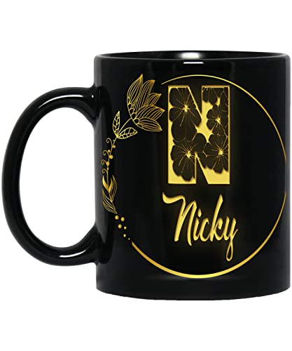 Coffee Mug Personalized Nicky Name & Initial Letter Monogram Floral Alphabet Mug Golden Flowers Custom Black Coffee Cup, Gift for Her Mom Coworker Sister, Wife, Girl 11oz Black Mug 688453