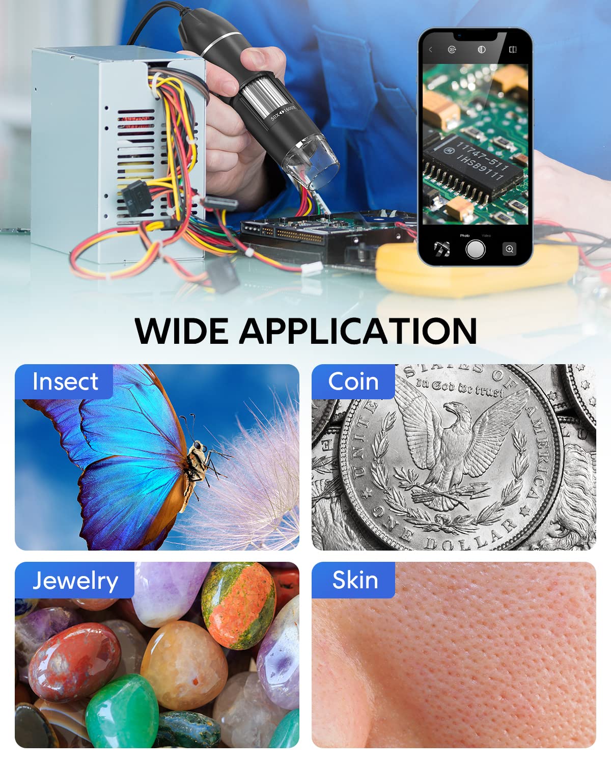 USB Digital Microscope, SKYEAR 50X-1600X Magnification Handheld Digital Microscope Compatible with iOS & Android Devices, Adjustable Stand, 8 LED Lights, Portable Microscope Camera for Adults, Kids