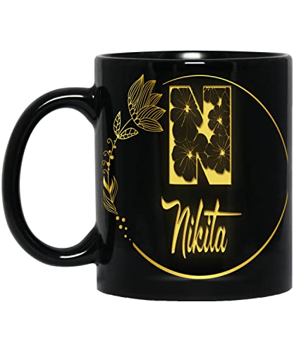 Coffee Mug Personalized Nikita Name & Initial Letter Monogram Floral Alphabet Mug Golden Flowers Custom Black Coffee Cup, Gift for Her Mom Coworker Sister, Wife, Girl 11oz Black Mug 667994