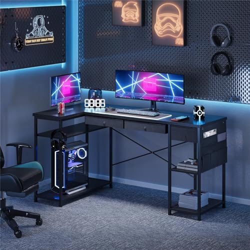 Maihail Maihail Home Office Desk with Drawers and Shelves, 55” Computer Corner Desk for Small Space, Small L Shaped Desk with Side Storage for Bedroom, Black