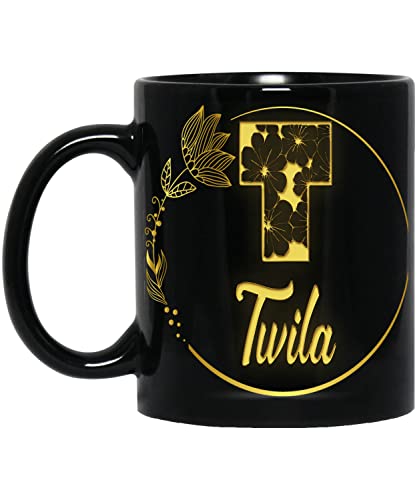 Coffee Mug Personalized Twila Name & Initial Letter Monogram Floral Alphabet Mug Golden Flowers Custom Black Coffee Cup, Gift for Her Mom Coworker Sister, Wife, Girl 11oz Black Mug 975977