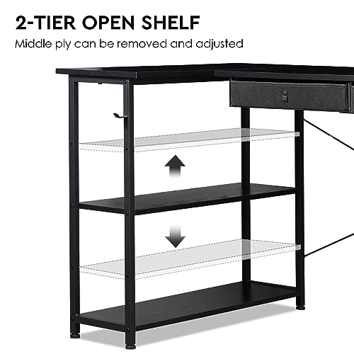 Maihail Maihail Home Office Desk with Drawers and Shelves, 55” Computer Corner Desk for Small Space, Small L Shaped Desk with Side Storage for Bedroom, Black