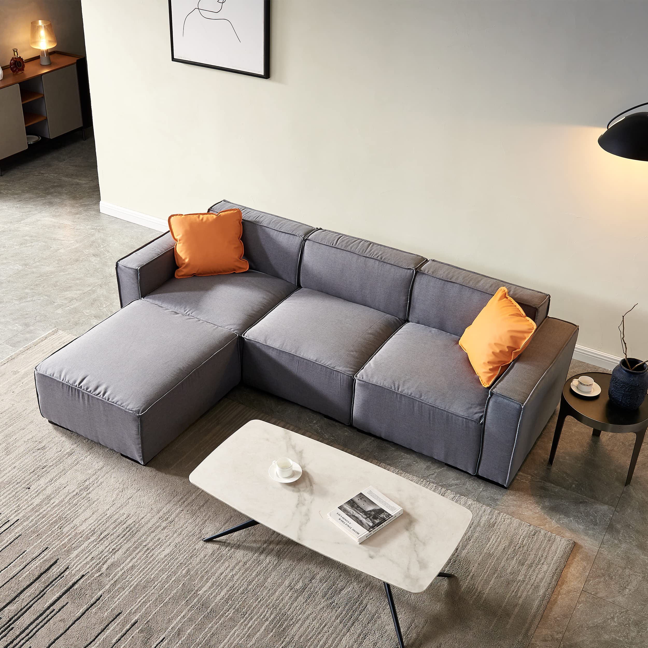 LCH Faux Leather Fabric Reversible 4 Seater Sectional Couch with Storage, Modular Sofa L Shape with Convertible Ottoman Chaise, Grey