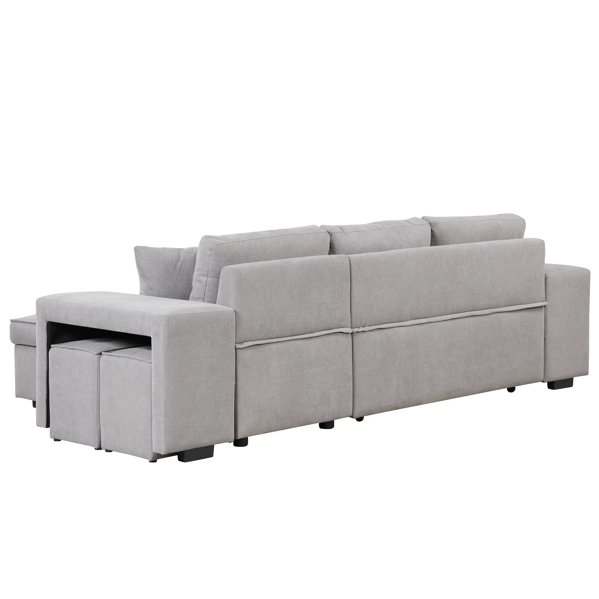 FANYE 2024 Linen Upholstery Pull Out Sleeper Sectional Sofa & Couch W/Stools and Shelves, L-Shaped Corner Upholstered Sofa Couch with 2 Pillows and Reversible Storage Chaise for Living Room