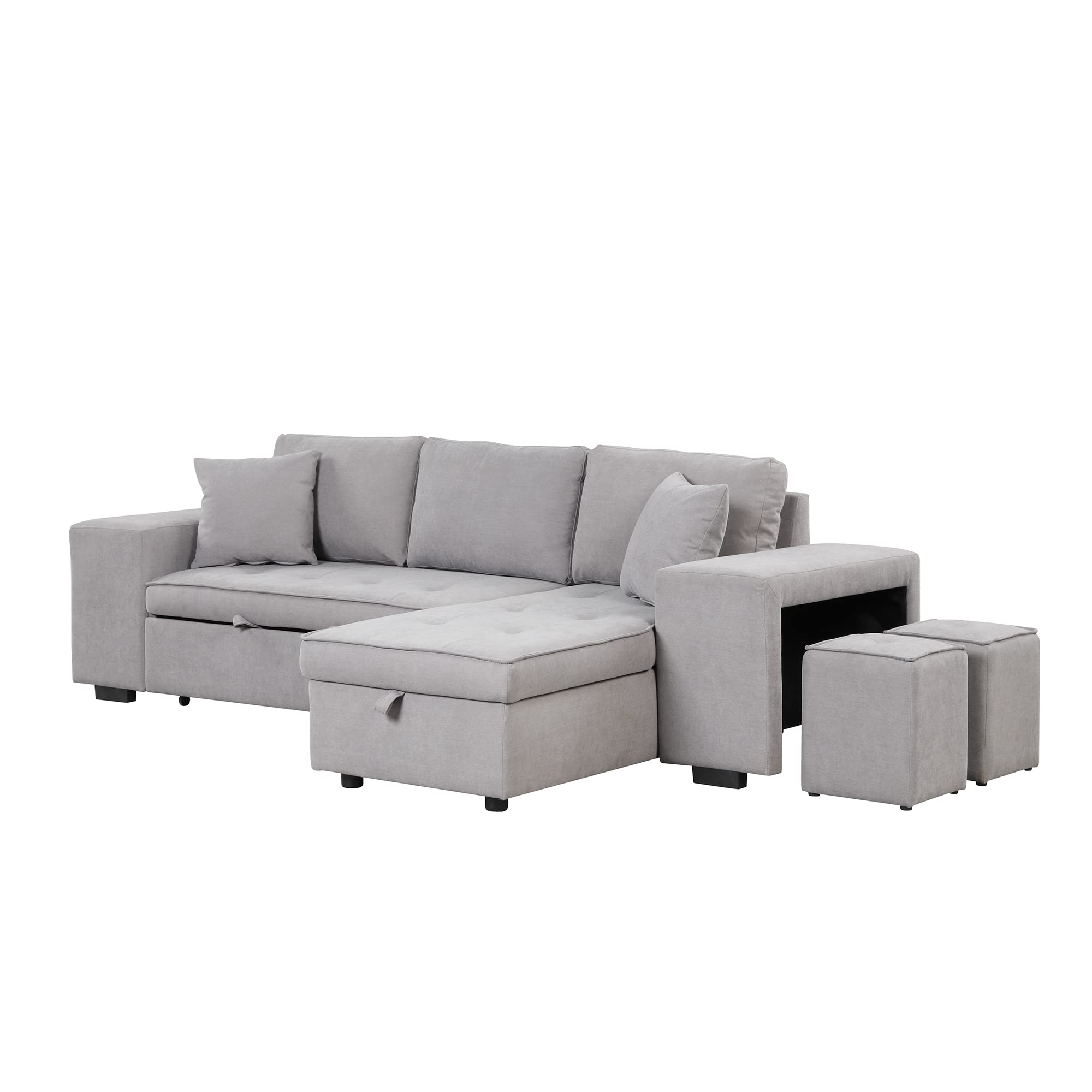 FANYE 2024 Linen Upholstery Pull Out Sleeper Sectional Sofa & Couch W/Stools and Shelves, L-Shaped Corner Upholstered Sofa Couch with 2 Pillows and Reversible Storage Chaise for Living Room