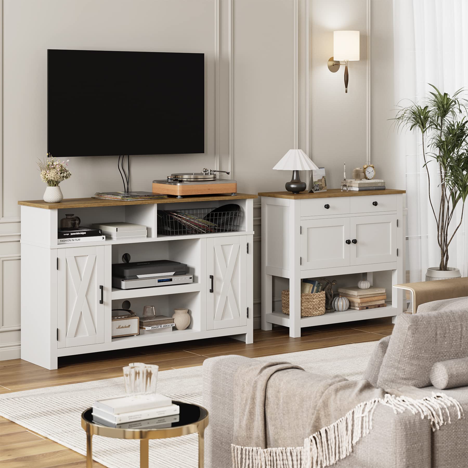 HOSTACK Barn Door TV Stand for TVs Up to 65", Modern Farmhouse Wood Entertainment Center, Media Console Table with Storage Cabinet & Adjustable Shelves, Buffet Sideboard for Dining Room, White