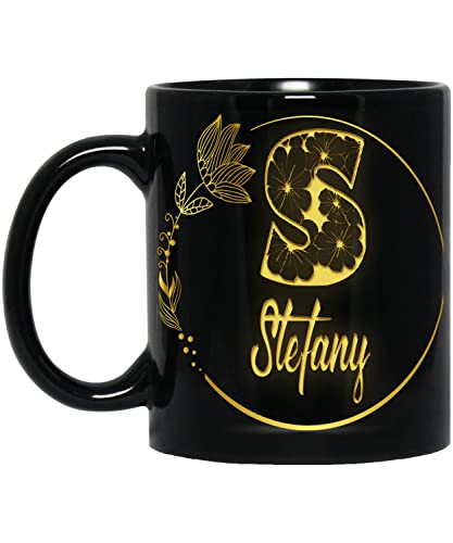 Coffee Mug Personalized Stefany Name & Initial Letter Monogram Floral Alphabet Mug Golden Flowers Custom Black Coffee Cup, Gift for Her Mom Coworker Sister, Wife, Girl 11oz Black Mug 494247