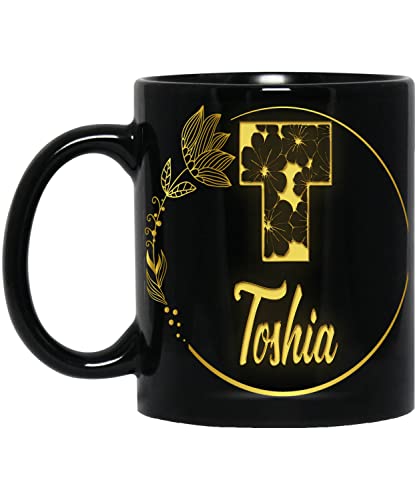 Coffee Mug Personalized Toshia Name & Initial Letter Monogram Floral Alphabet Mug Golden Flowers Custom Black Coffee Cup, Gift for Her Mom Coworker Sister, Wife, Girl 11oz Black Mug 474970