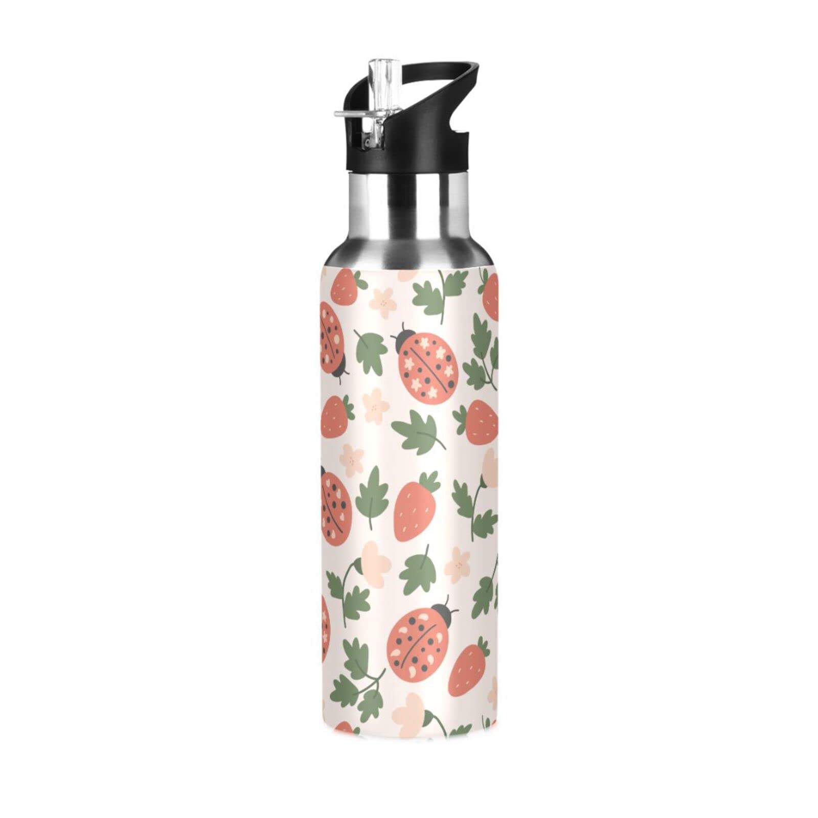 ALAZA Ladybug Strawberry Flower Leaves Water Bottle with Straw Lids Boys Girls,Vacuum Insulated Leakproof Stainless-Steel Sports Bottle Thermal Flask for Gym Yoga Camping,20oz (600ml)