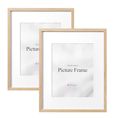 eletecpro 16x20 Picture Frames Set of 2 Display 11x14 Photo with Mat, Made of Oak Wood and Strong Plexiglass, Natural Poster Frame for Classic Home Decor on Wall, Horizontally or Vertically Hanging