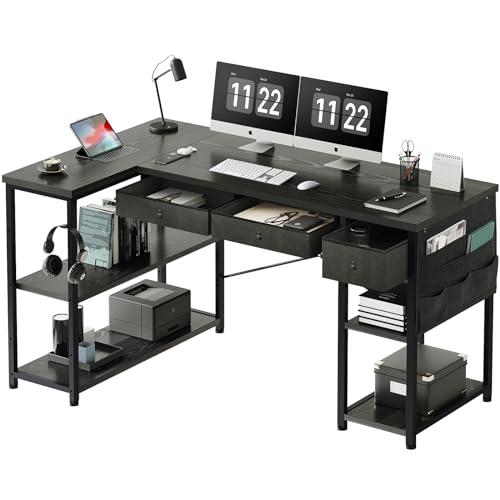 Maihail Maihail Home Office Desk with Drawers and Shelves, 55” Computer Corner Desk for Small Space, Small L Shaped Desk with Side Storage for Bedroom, Black