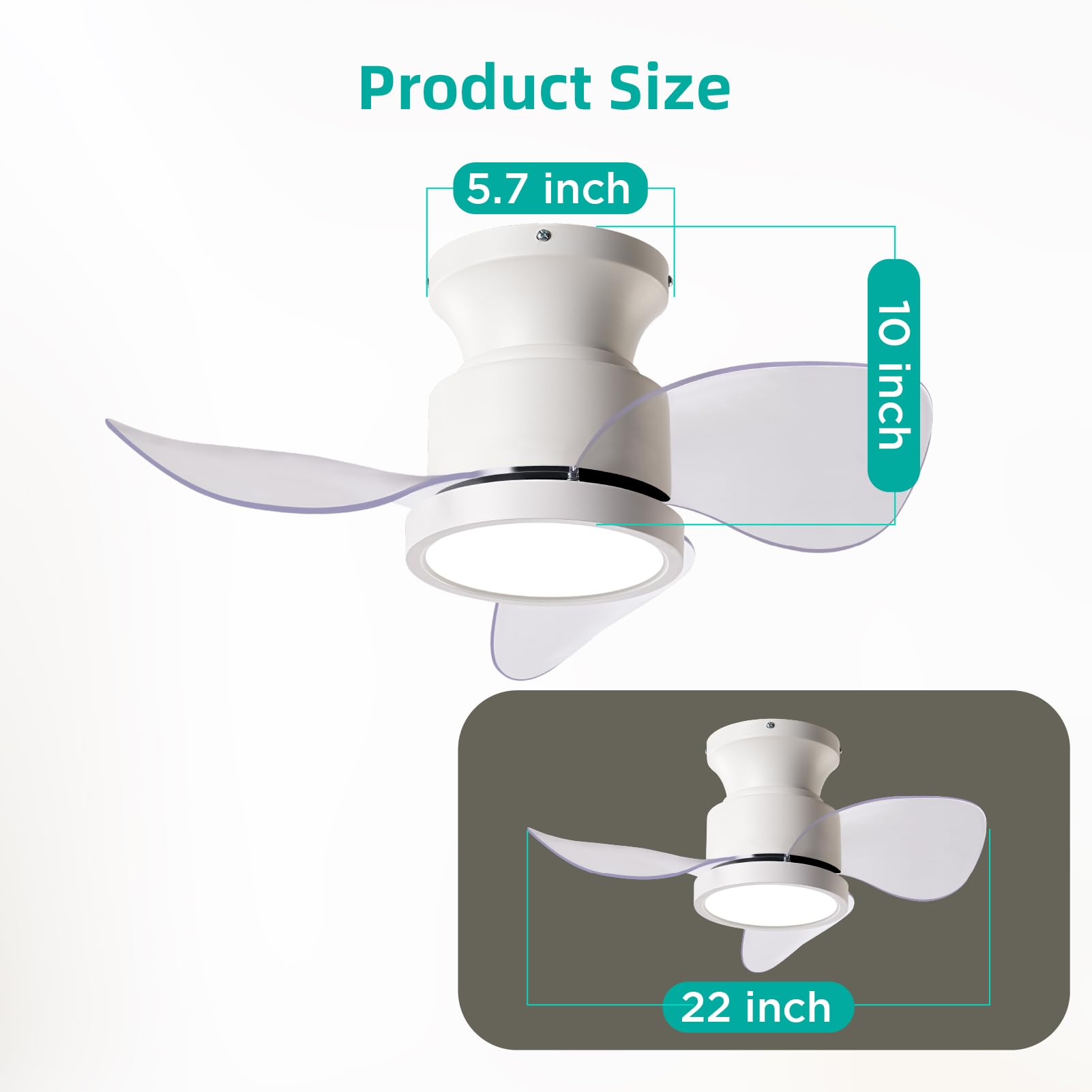 Roomratv Ceiling Fans with Lights 22 inch Quiet Ceiling Fan Large Airflow Remote Control 3 Color Temperature for Bedroom Kitchen Dining Room Patio(White)
