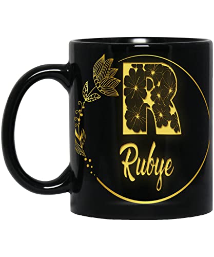 Coffee Mug Personalized Rubye Name & Initial Letter Monogram Floral Alphabet Mug Golden Flowers Custom Black Coffee Cup, Gift for Her Mom Coworker Sister, Wife, Girl 11oz Black Mug 187988