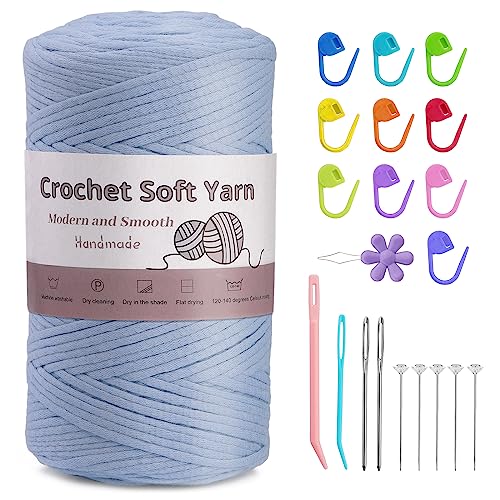 UOOU Soft Yarn for Crocheting, 250g/8.81oz Crochet Yarn, 328 Yards Yarn for Crocheting Knitting with Stitch Markers, Blunt Needles Chunky Thick Cotton Nylon Blend Yarn for Crocheting Beginner-Blue