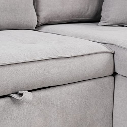 FANYE 2024 Linen Upholstery Pull Out Sleeper Sectional Sofa & Couch W/Stools and Shelves, L-Shaped Corner Upholstered Sofa Couch with 2 Pillows and Reversible Storage Chaise for Living Room